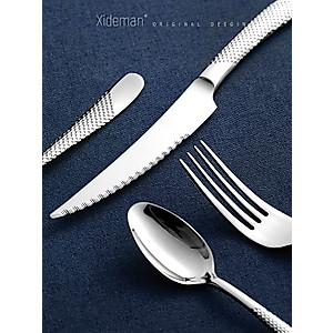 Xideman 16-Piece ​Modern Hammered Cutlery Set with Ultra Sharp 2-in-1 Serrated Knife, 18/10 Stainless Steel Silverware Flatware Set Service for 4, Tableware Utensil, Forks Spoons Knives Set