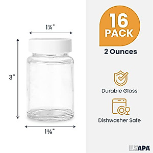 Ilyapa Glass Juice Shot Bottles Pack of 16-2oz On The Go Beverage Storage Container with White Cap, Reusable, Leak Proof
