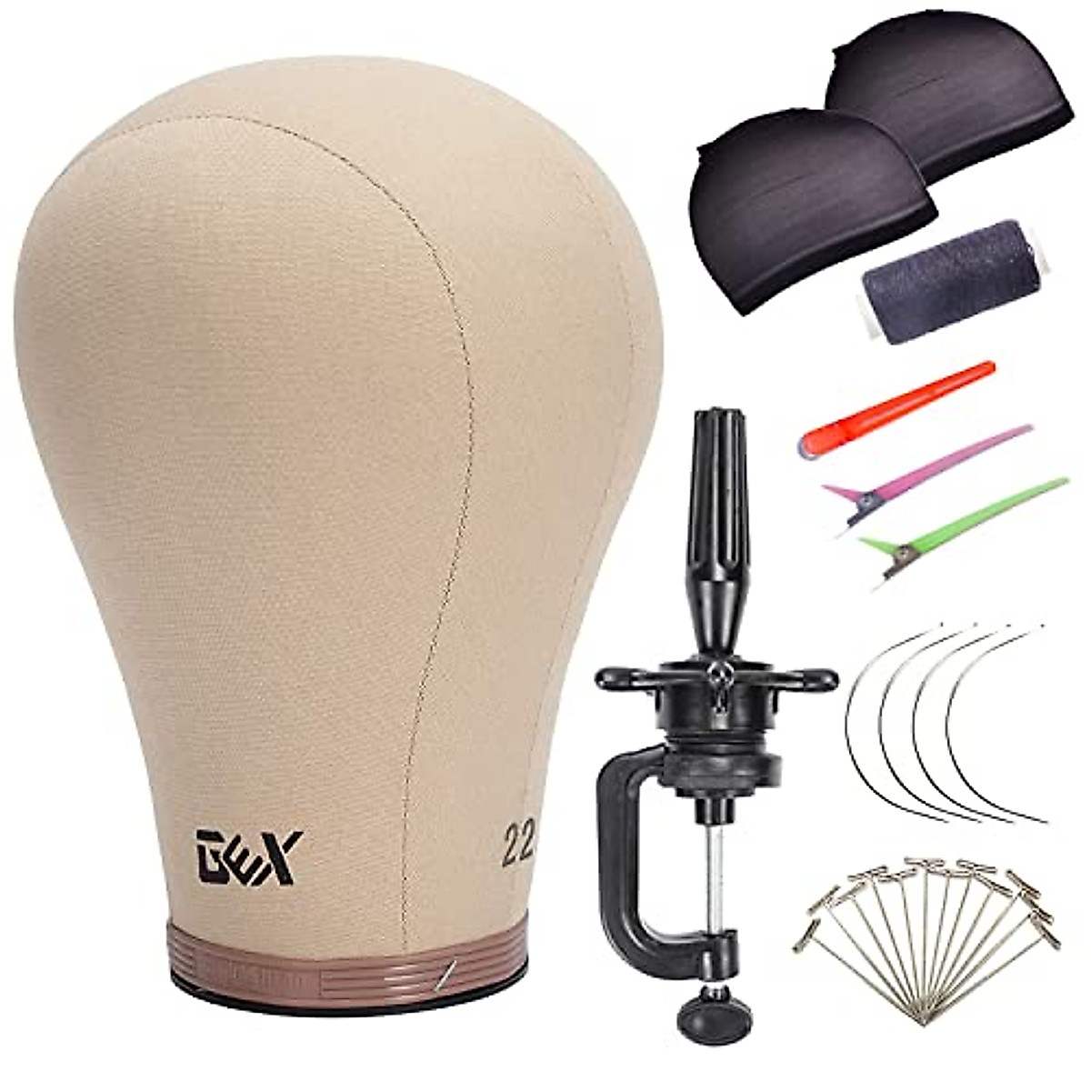GEX 22" Canvas Cork Wig Block Mannequin Head for Wig Making Drying Styling Display with Table C Clamp Stand Holder (Light Brown 22")