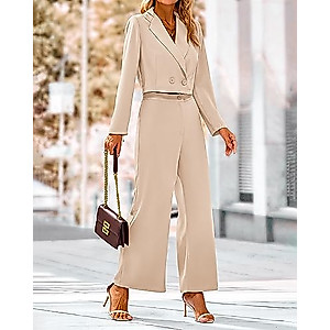 PRETTYGARDEN Women 2 Piece Sets Lapel V Neck Short Blazer Jackets Wide Leg Pant Suits Dressy Work Jumpsuits for Office(Solid Beige,Medium)