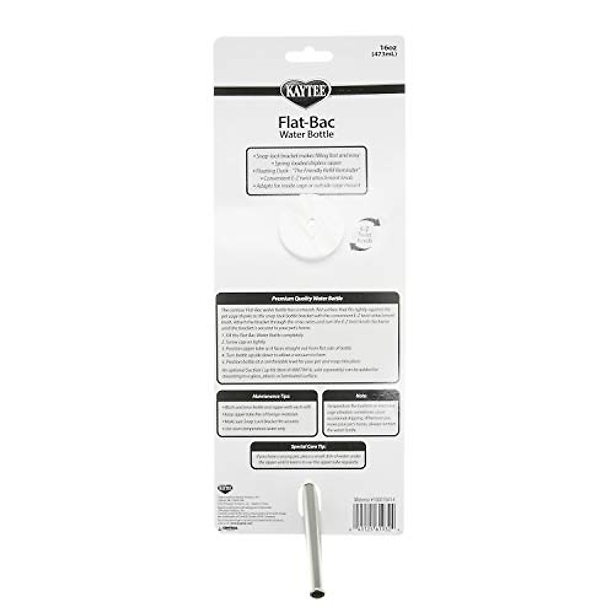 Kaytee Flat-Bac Water Bottle for Pet Guinea Pigs, Dwarf Rabbits, Rats, and Chinchillas, 16 oz