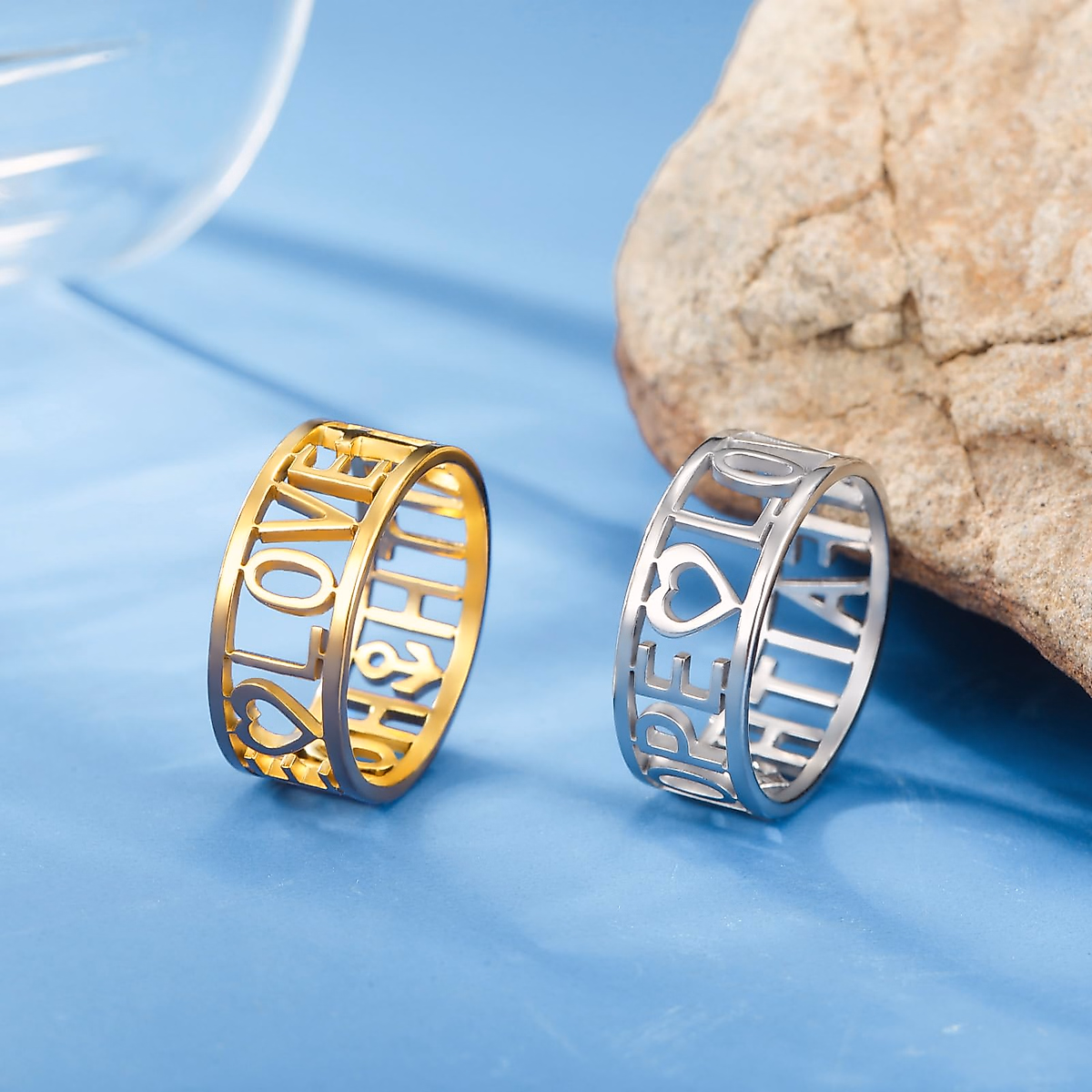 Amaxer Cross Faith Hope Love Words Stainless Steel Ring Sideways Religious Inspirational Christian Religion Finger Ring Jewelry for Women Men (Silver, 10)