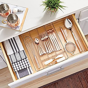 mDesign Adjustable, Expandable Plastic Kitchen Cabinet Drawer Storage Organizer Tray - for Storing Organizing Cutlery, Spoons, Cooking Utensils, Gadgets - Clear