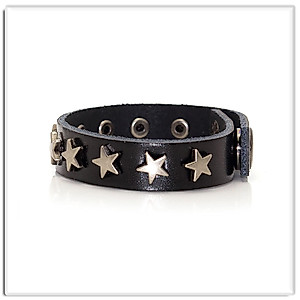 Xusamss Hip Hop Alloy Star Wristband Leather Cuff Bracelet,7.5inches