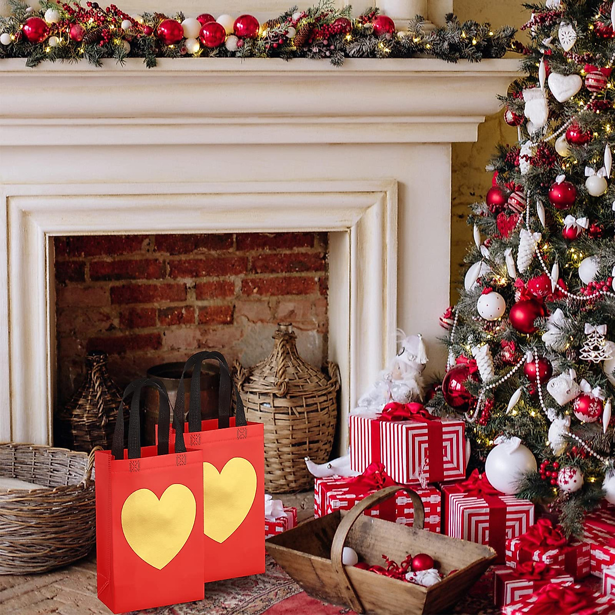 48 Pcs Red Gift Bag with Shiny Gold Heart Print Reusable Gift Bags with Handles Non Woven Red Tote Bag for Wedding Birthday Bridal Shower Engagements Party Anniversaries, 8 x 12 x 4 Inch(null)