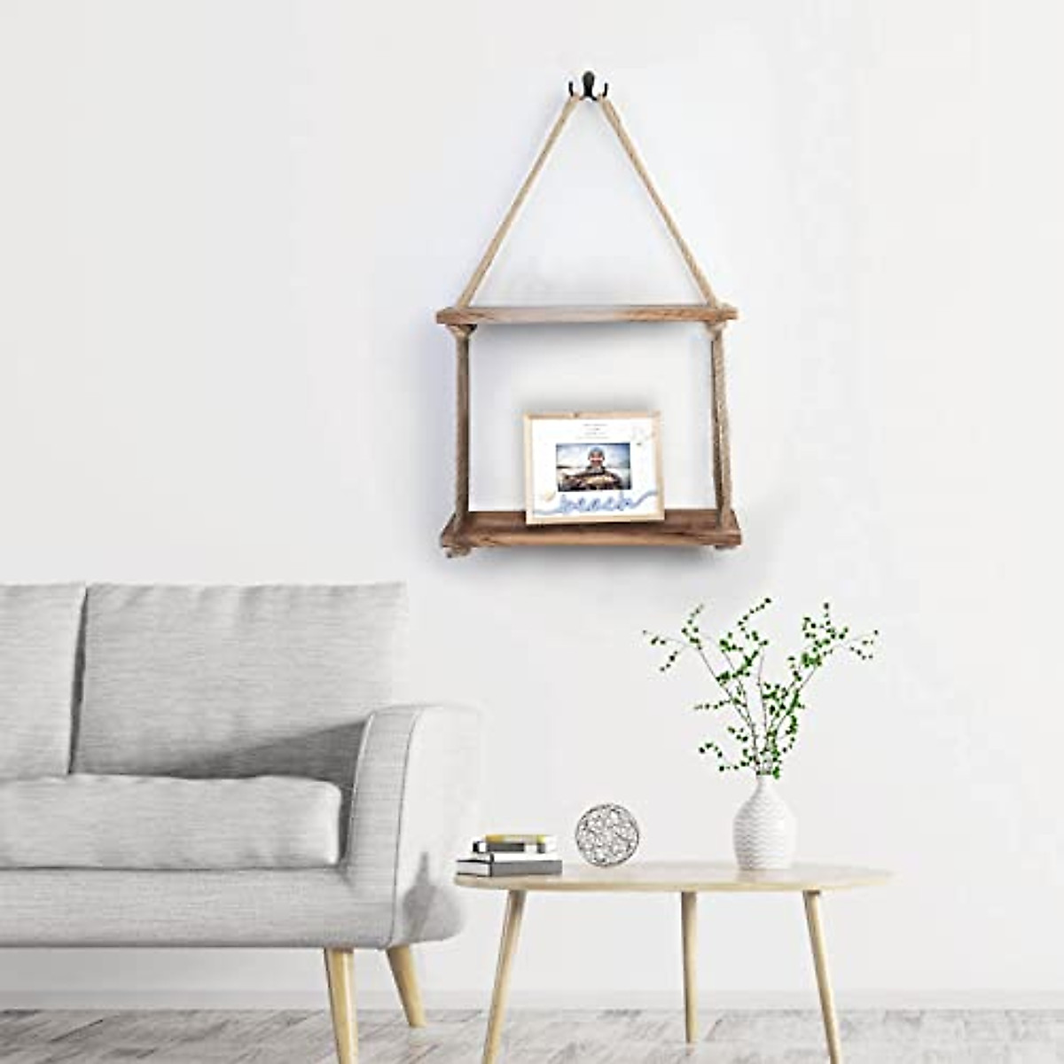 Doledecor Rope Floating Shelves，Hanging Wall Shelves, Woven Hanger, 2 Tier Rope Floating Shelf ,Rustic Wood Finish . for Living 2tiers