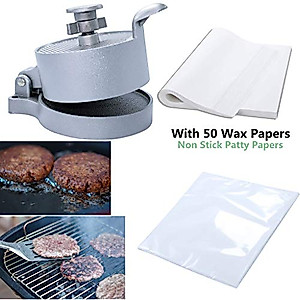 laffeya Burger Press, Hamburger Maker with 50 Non Stick Patty Papers, Adjustable Burger Press Makes 4 1/2" Patties, 1/4Lb to 3/4Lb (Burger Press with Paper)