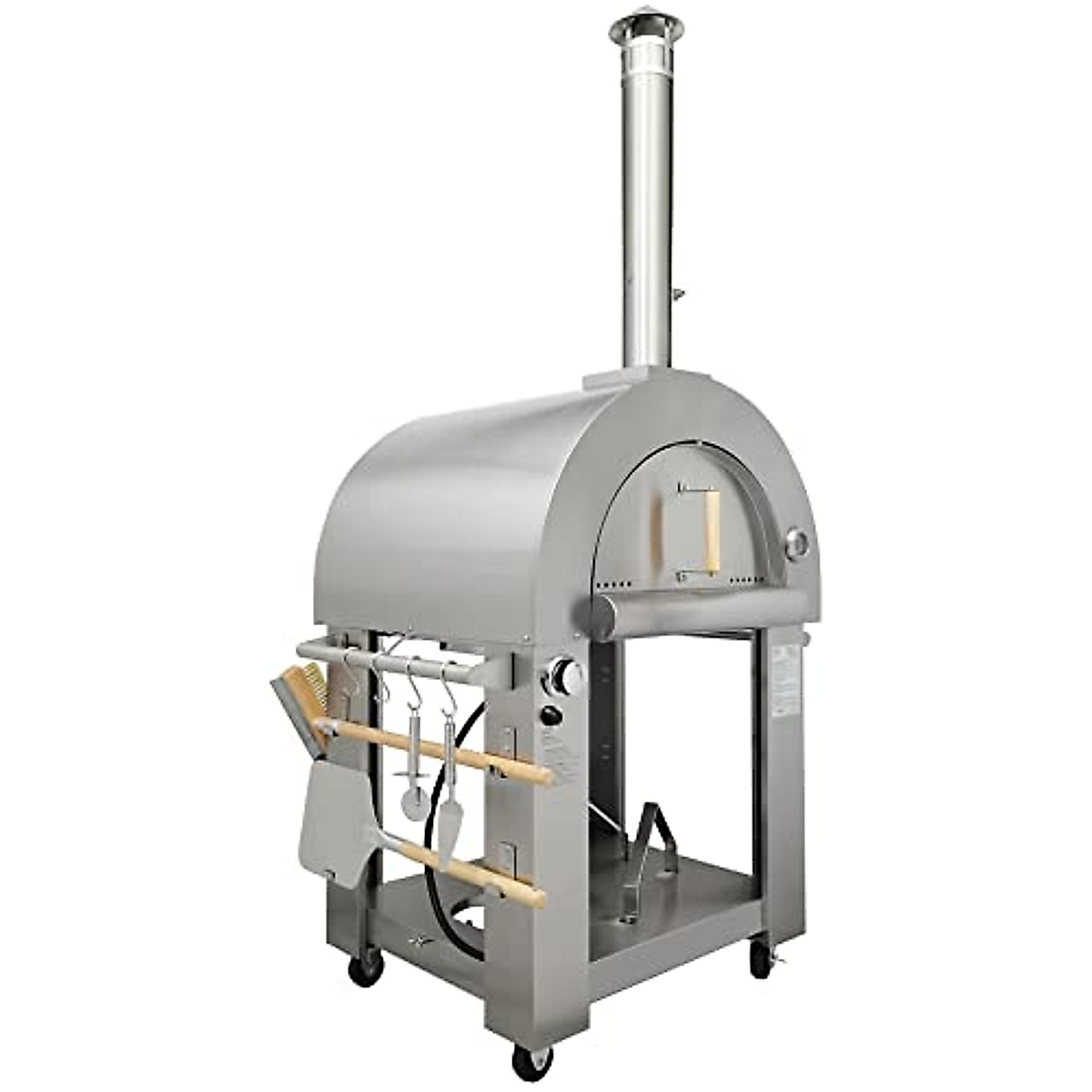 MCP-Distributions 32.5'' Outdoor Propane or Wood Fired Silver Stainless Steel Artisan Pizza Oven or Grill with Waterproof Cover, Pizza Peel