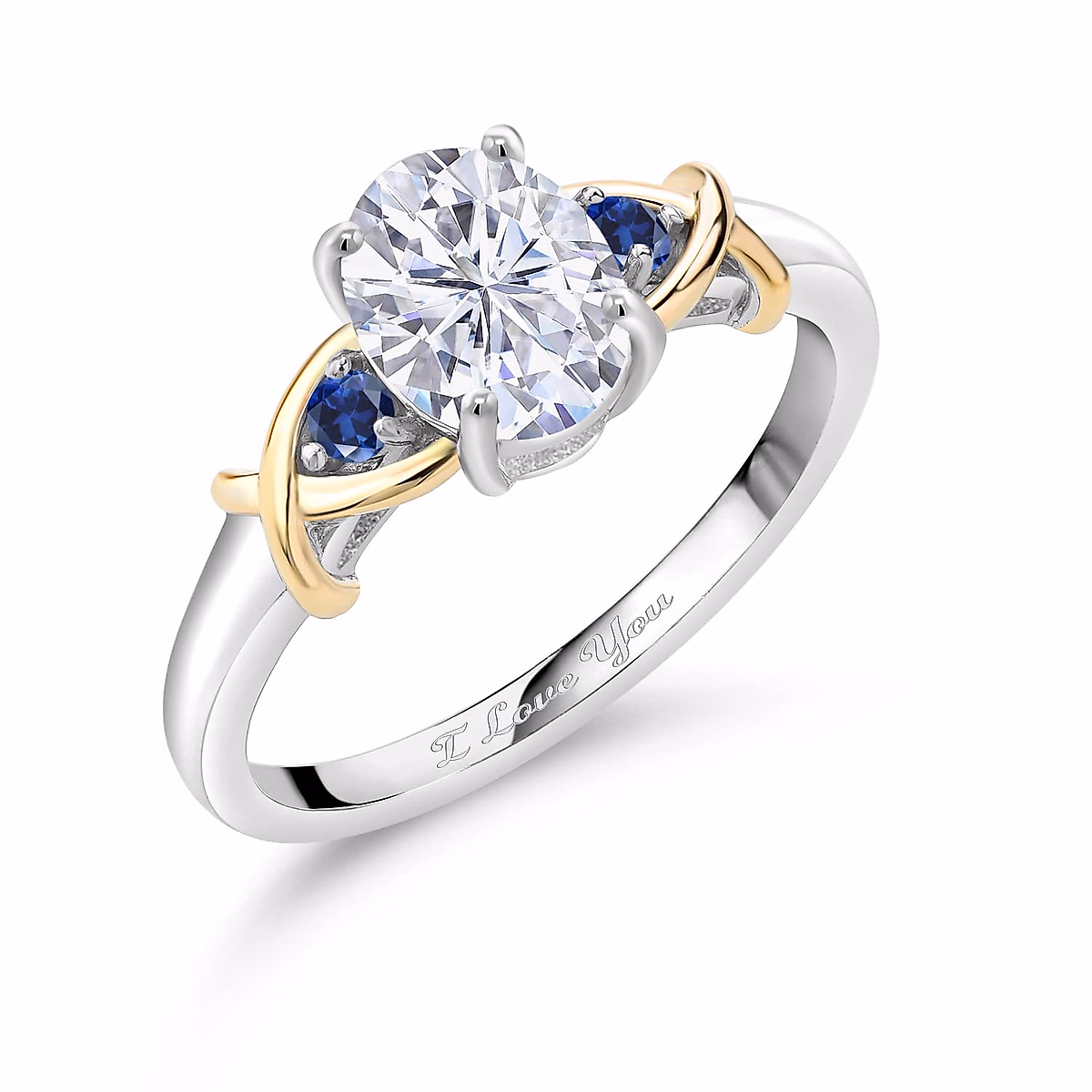 Gem Stone King 925 Sterling Silver and 10K Yellow Gold Customized and Personalized 3-Stone 8X6MM Oval and 2MM Round Gemstone Birthstone Name Engraved Ring For Women (Size 7)