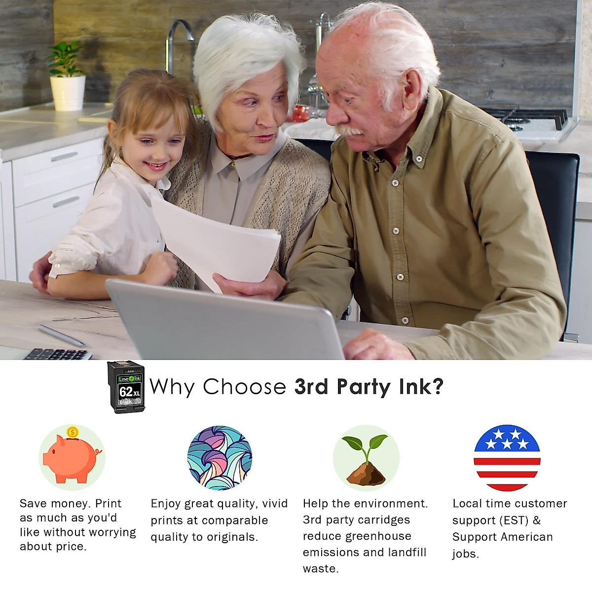 Limeink 1 Remanufactured Ink Cartridge Replacement for HP 62xl Ink Cartridges Black for HP Ink 62 XL for HP Ink Cartridge for hp 62xl Ink Cartridge Combo Pack for HP Ink 62xl Black - 1 Black