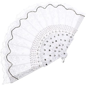 DECHOUS Lace Folding Fan Retro Folding Fan Folding Silk Fan Folding Fan Handheld Oriental Folding Fan Chinese Dance Fan Japan Foldable Fan Lunar New Year Hand Fan Large China Bride White