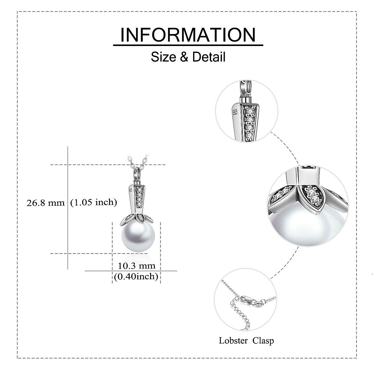 Pearl Urn Necklace for Ashes Sterling Sliver Cremation Jewelry for Ashes Memory Keepsake Necklace Ashes Necklace for Women Girls