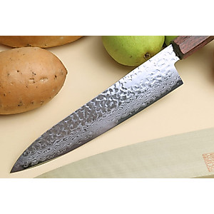 Yoshihiro 46 Layers Hammered Damascus Gyuto Chef Knife and Petty Utility Knife SET (Gyuto 8.25'' (210mm) & Petty 6'' (150mm), Rosewood Handle)