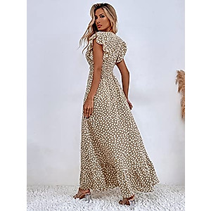 MakeMeChic Women's Allover Print Ruffle Sleeve V Neck Ruffle Hem A Line Summer Maxi Dress Khaki L