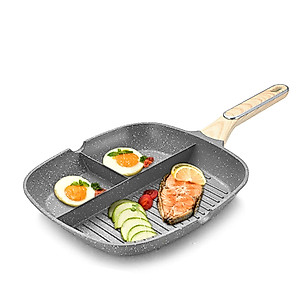 JUSTUP Nonstick Grill Pan, 3-in-1 Egg Pan 11 Inch Non Stick Skillet Pan, Heat Resistant Handle 3 Section Skillet Pancake Pan, Divided Pan Cooking Pan for Breakfast, Egg, Bacon and Burgers