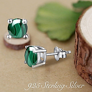 Malachite Earrings Sterling Silver Malachite Stud Earrings 6mm Round Mallache Earrings Peacock Stone Jewelry Gifts for Women Daughter