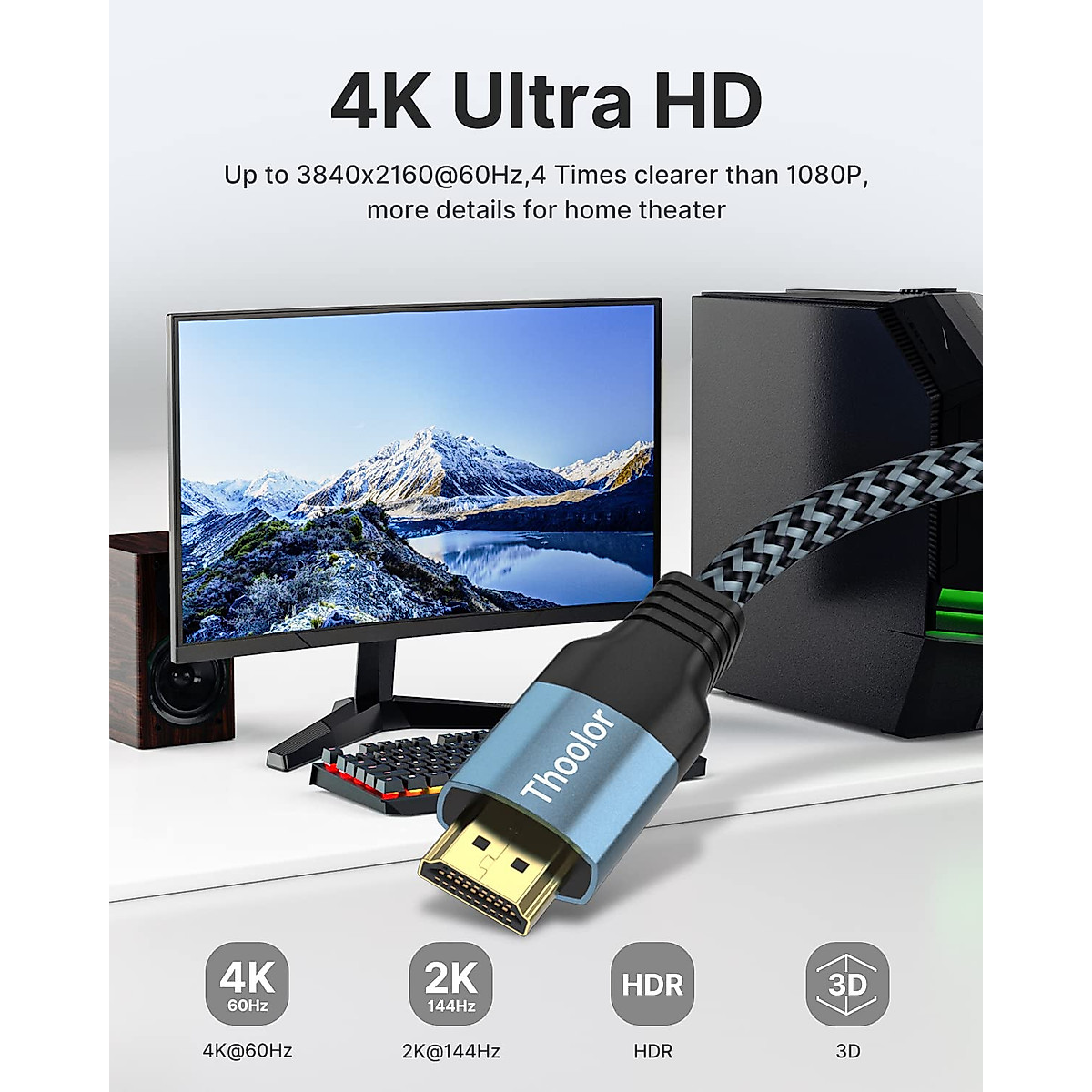 HDMI Cable, 4K HDMI to HDMI Cable 10 FT HDMI Cord 18Gbps High Speed HDMI 2.0 Cable，4K, 3D, 2160P, 1080P, 28AWG Braided HDMI Cord for Laptop, Monitor, PS5, PS4, Xbox One, Fire TV, & More