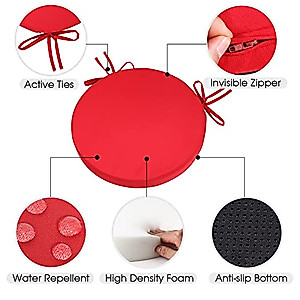 GUEGLSA Indoor Outdoor Round Chair Cushions 15 inch, Waterproof Bistro Seat Cushion with Ties ，Non Slip Circle Stool Chair Pads Set of 2, Red