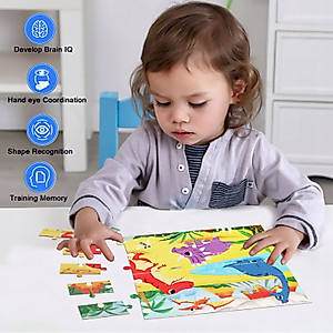 Puzzles for Kids Age 2-4, Wooden Jigsaw Puzzles for Toddlers Ages 2 3 4 Elephant,Dinosaur and Giraffe Animal Puzzle Preschool Educational Learning Toys