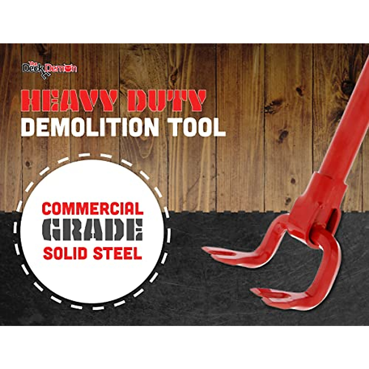 Deck Demon Wrecking Bar - 44 Inch Steel Deck Board Remover Tool - Save Time Removing Old Boards and Breaking Pallets - Heavy Duty, Non-Slip Handle with Dual Claw Head Nail Puller - Red, DD-201