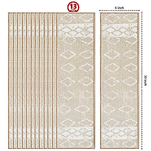 Antep Rugs Non Slip Stair Treads Carpet Bohemian Distressed Peel and Stick Alfombras, Set of 13, Beige, 8"x30"