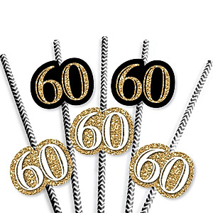 Adult 60th Birthday - Gold - Paper Straw Decor - Birthday Party Striped Decorative Straws - Set of 24
