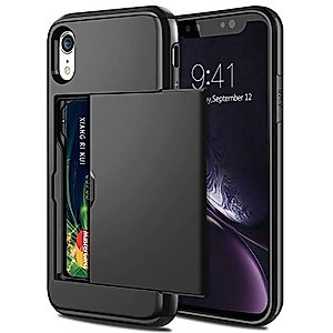 SAMONPOW Case for iPhone XR Hybrid iPhone XR Wallet Case Card Holder Shell Heavy Duty Anti Scratch Dual Layer Hard PC Soft Rubber Bumper Cover for iPhone XR 6.1 inch Black