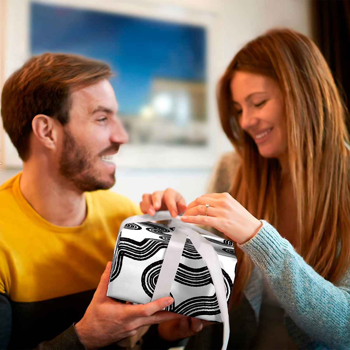 CENTRAL 23 Black And White Wrapping Paper - 6 Sheets Gift Wrap - Abstract Paint Brush - Minimal - Birthday Gift Wrap For Men Women - Comes With Fun Stickers