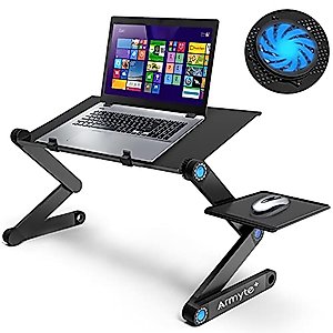 Extra Wide Adjustable Laptop Stand with Cooling Fan & Mouse Pad for 17 Inch Computer, Portable Ergonomic Lap Desk for Bed Sofa Couch Office (Aluminum Table Tray: 19", Black)