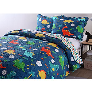 100% Cotton 2 Piece Kids Quilt Bedspread Comforter Set Throw Blanket for Teens Boys Girls Kids Beds Bedding Coverlet Dinosaur (Full)