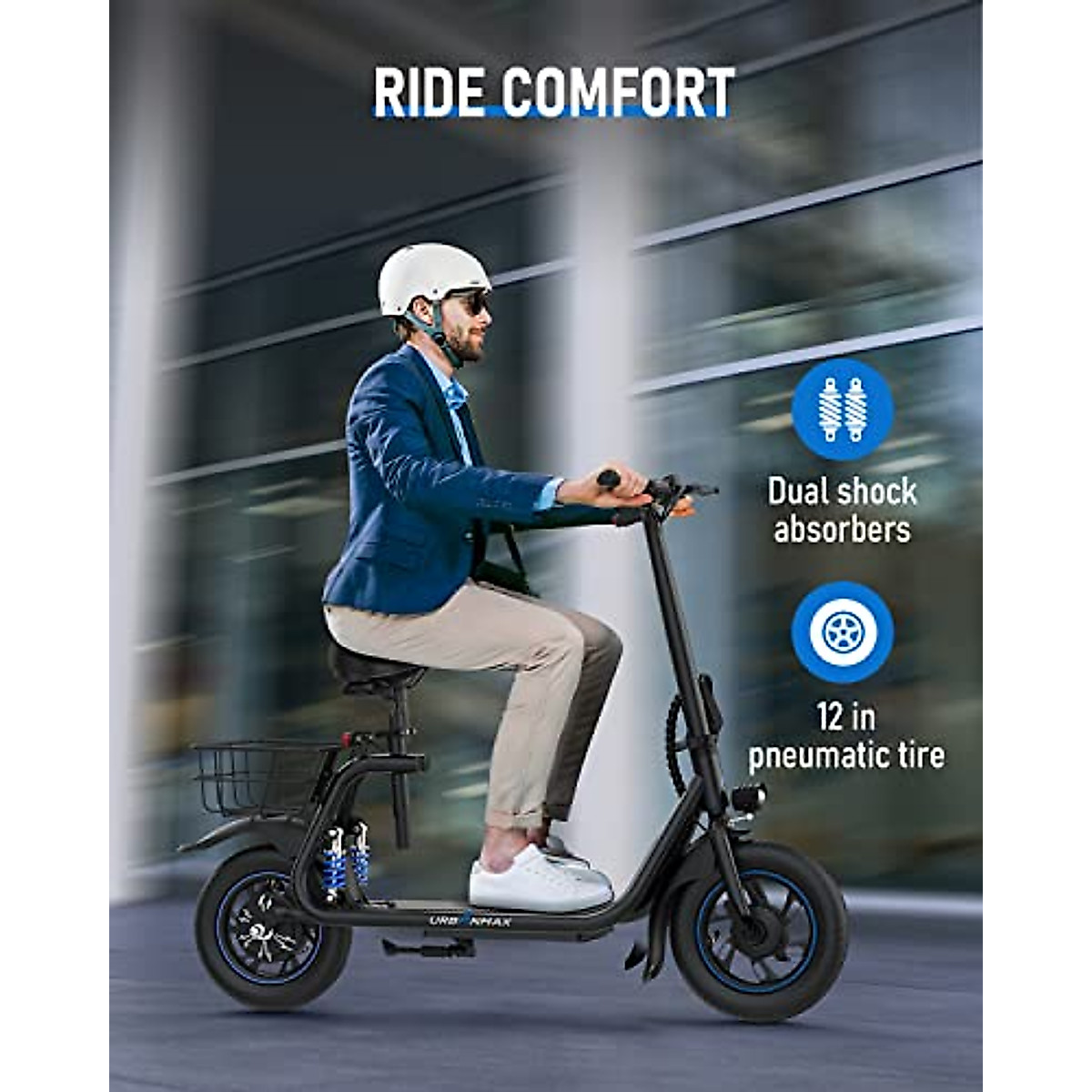 URBANMAX C1 Pro Electric Scooter with Seat, Adult Electric Scooters with Dual Shock Absorbers Up to 25 Miles 18.6MPH 450W Motor, Folding Scooter Electric for Adults with Seat & Carry Basket