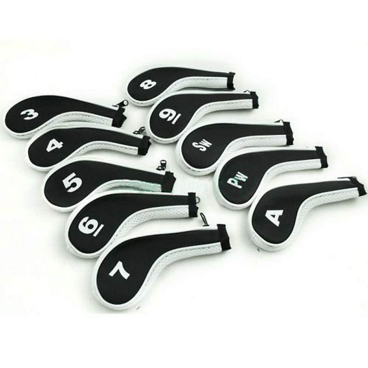 DBYAN 10pcs Number Print Long Sleeve Golf Club Iron Covers Head Covers Set with Zipper for Irons Taylormade Ping Callaway Mizuno Cobra,Black & White