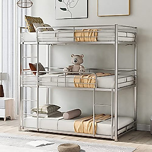 ODC Twin Size Triple Bunk Bed for 3, Twin-Over-Twin-Over-Twin Metal Bunk Bed Frame with Built-in Ladder and Guardrails for Kids, Teens, Boys