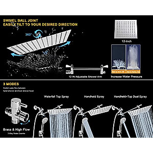 Shower Head Combo with 11'' Extension Arm，High Pressure Rain Shower Head with Handheld Shower Spray and Holder/ 1.5M Hose，Dual Rainfall Showerhead Set，Chrome (12 Inch)