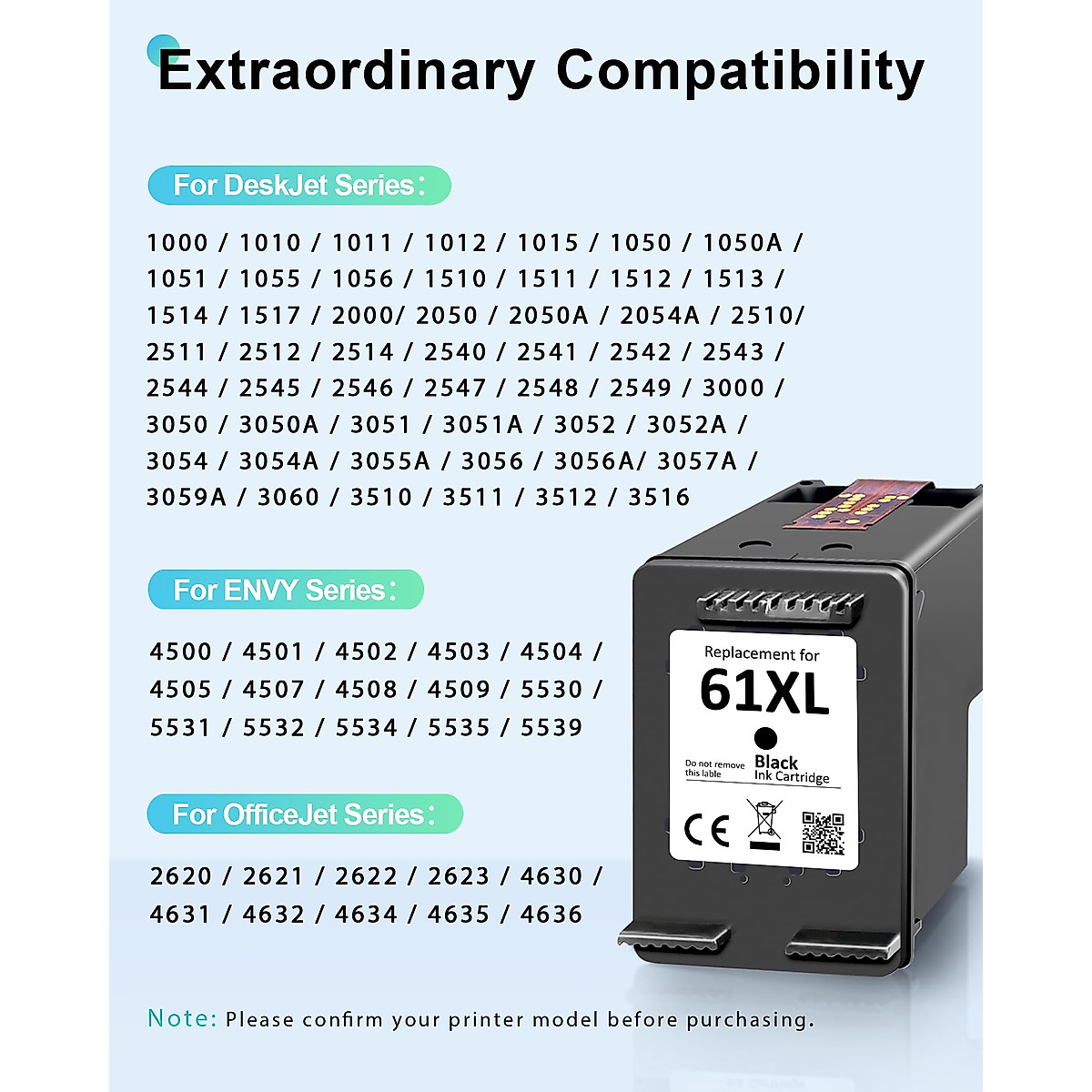 61XL Black Ink Cartridges Combo Pack High Yield Replacement for HP Ink 61 XL for Envy 4500 4501 5530 4502 5534 5535 for OfficeJet 4630 4635 for DeskJet 1000 1010 1055 1510 3050 3510 Printer (2 Black)