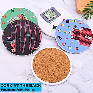 Pounchi Retro Video Game Coaster （4 Pack ） Game Lovers Absorbent Coasters Retro Drink Coasters for Game Lovers with Cork Base Bar Coasters Round Stone Coasters Car Coasters Set for Teens
