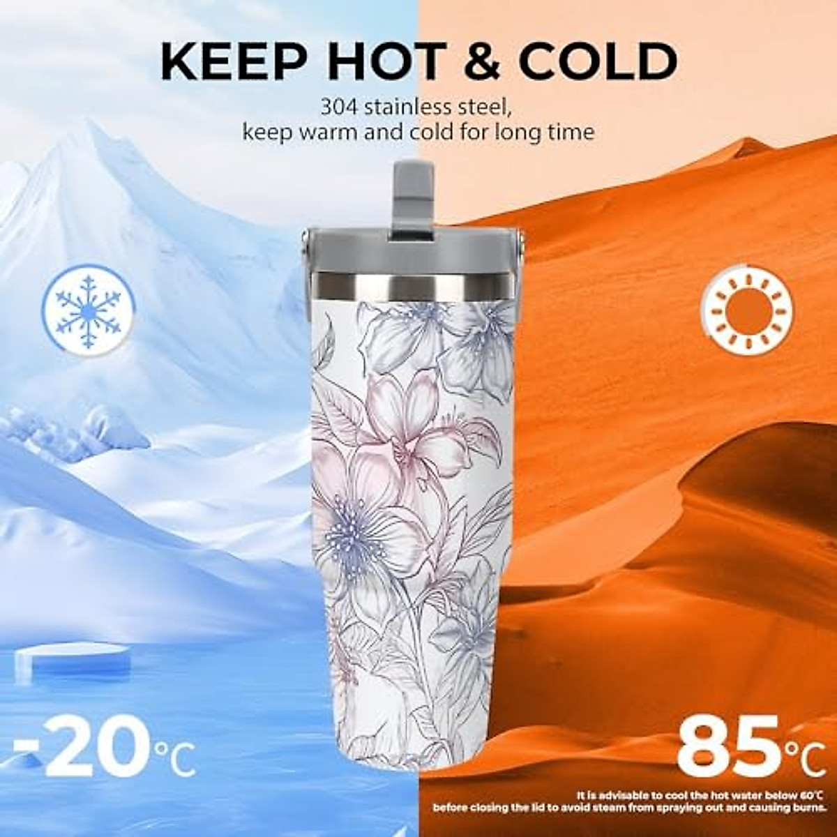 ZJCDPBR 30 Oz Tumbler with Foldable Handle And Flip Straw,Fresh Flowers Vacuum Insulated Travel Coffee Tumblers,Stainless Steel Leak-Proof Water Bottle,Fits in Cup Holder,Keep Cold 24H & Hot 12H