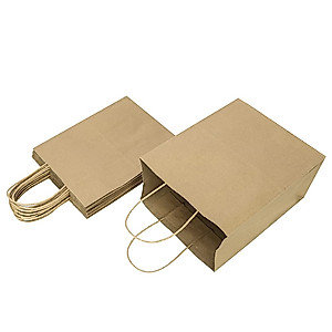Oikss 100 Pack 8x4.75x10 inch Medium Plain Natural Paper Bags with Handles Bulk, Kraft Bags for Birthday Party Favors Grocery Retail Shopping Business Goody Craft Gift Bags Sacks (Brown 100 PCS Count)