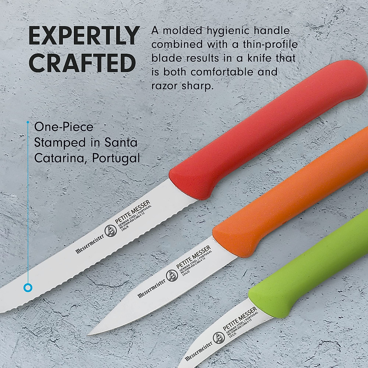 Messermeister Petite Messer Parer Trio Set with Matching Sheath, Blue - Includes 2.5” Bird's Beak Parer, 3” Clip Point Parer & 4.5” Serrated Tomato Knife - Lightweight & Rust Resistant