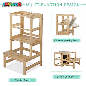 JOYMOR Kids Kitchen Standing Tower with Safety Rail, Chalkboard, Children Learning Step Tower for Kitchen Counter, Mothers' Helper (Natural)