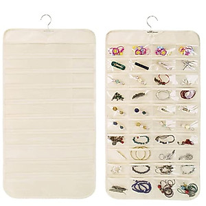 BINO Double Sided Hanging Jewelry Organizer - Beige | Necklace Bracelets & Earrings Storage | Portable Closet Organizer | Over-Door Accessories Holder with Pockets | Wardrobe Cabinet Jewelry Hanger