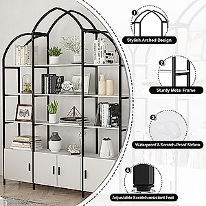semoic Triple Wide 5-Tier Bookshelf, Extra Arched Bookcase with Storage Cabinet, Modern Etagere Bookcase Tall Open Display Shelf for Home Office