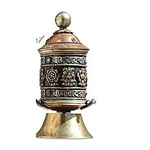 Table Top Copper Brass Tibetan Buddhist 8 Lucky Symbols Prayer Wheel