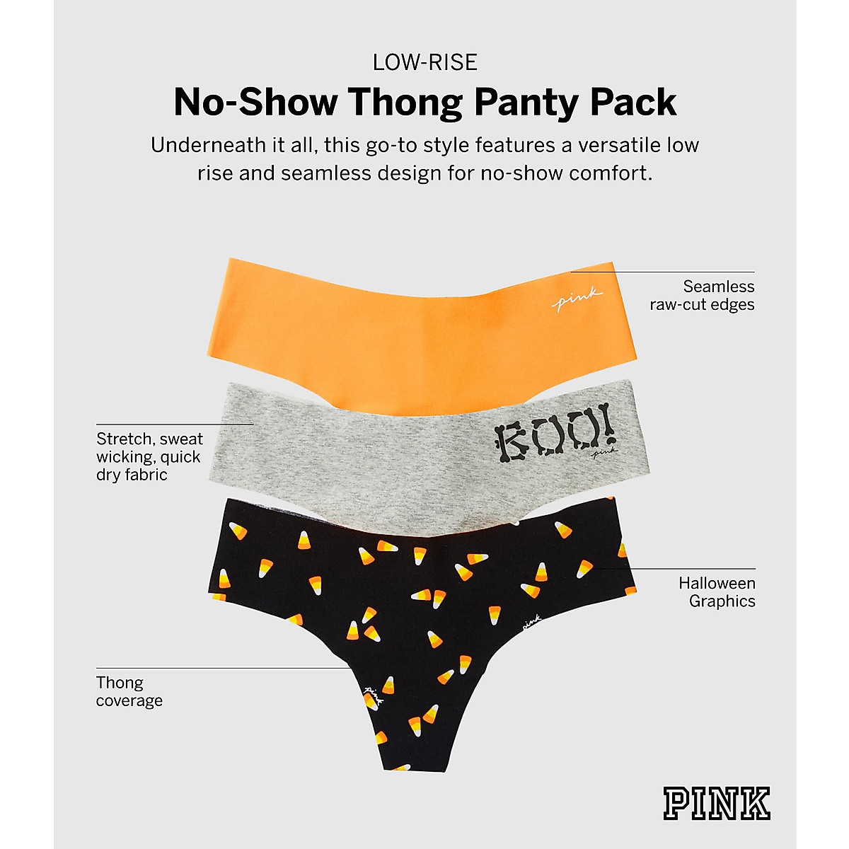 Victoria's Secret PINK Raw Cut No Show Thong Panty Pack, Thong Panties, Underwear for Women, Halloween (S)