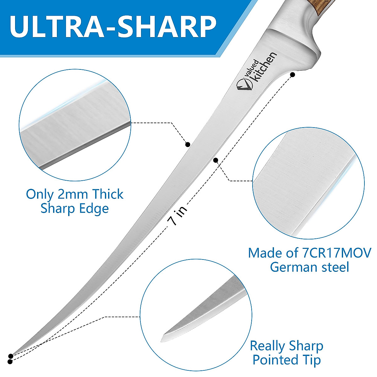 Filet Knife For Fish (7CR17MOV) - (7 inch) Stylish Fillet Knife For Family - Fillet Knife For Meat - Reliable Fishing Knives for Indoor Outdoor - Best Fillet Knife wooden handle- Fish Knife Filleting