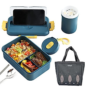 Jossens Bento Box Set,1100ML Leakproof Lunch Box Kit With Utensils,Breakfast Cup and Lunch Bag,3 Compartment Microwave Lunch Containers,BPA Free(Blue)