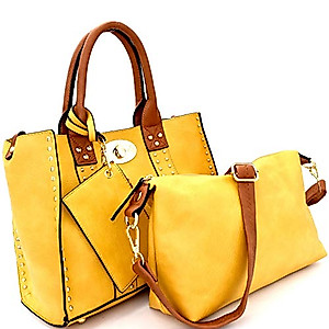 Twist Lock Studded 3 in 1 Soft Structure Plain & Ostrich Vegan Leather Tote Purse Handbag with Crossbody SET (Plain Vegan Leather - Black/Coffee)