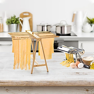 Pumtus Bamboo Pasta Drying Rack, Noodle Dryer Stand with Transfer Wand and 14 Bars, Stable Household Spaghetti Hanger, Lasagna Noodle Drying Rack for Kitchen and Cooking