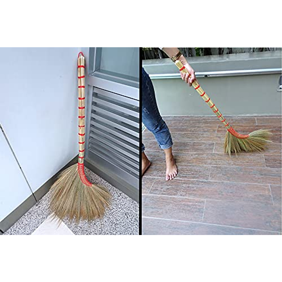 Generic Handmade Grass Thai Broom Extra Thick Bristle Brush Head Traditional Asian Whisk Sweeper Broomcorn Plus 100 Percent Cotton Dust Cover, 40 x 18 x 1.5 inch, Red