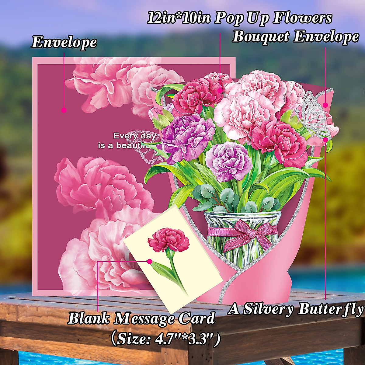 Airpark Pop Up Flower Cards, Beloved Carnation, 12inch Forever Flower Bouquet 3D Popup Greeting Cards with Note Card & Envelope for Birthday, Thank You Cards for Her Lover Friends